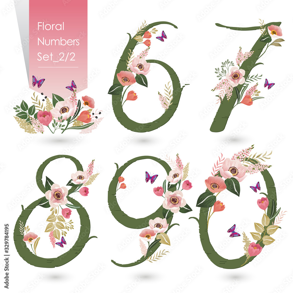 Vector illustration of floral numbers collection in spring. A set of ...