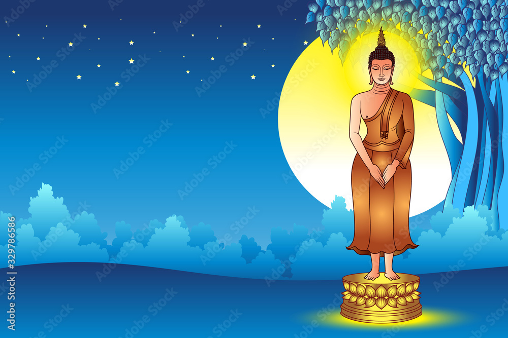 Buddha standing on lotus and blue Bodhi tree at night with a full moon ...
