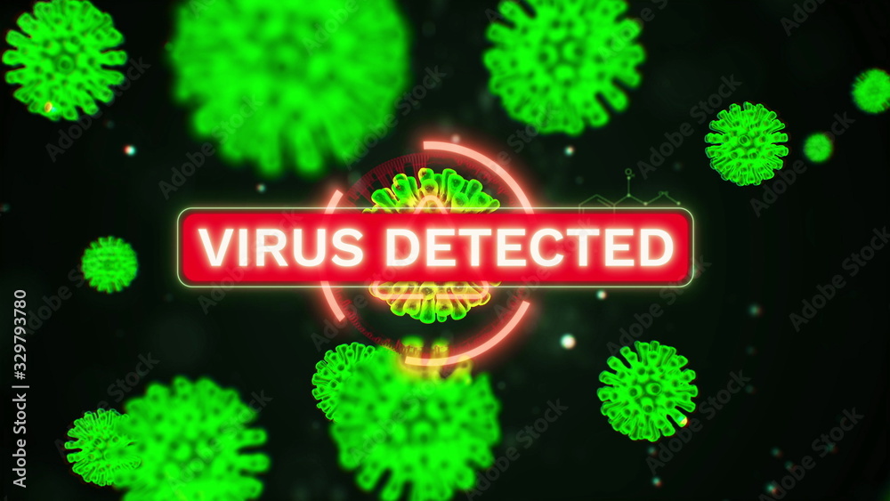 Abstract 3d model of coronavirus 2019-nCoV pathogen cells in infected blood shown as azure ...