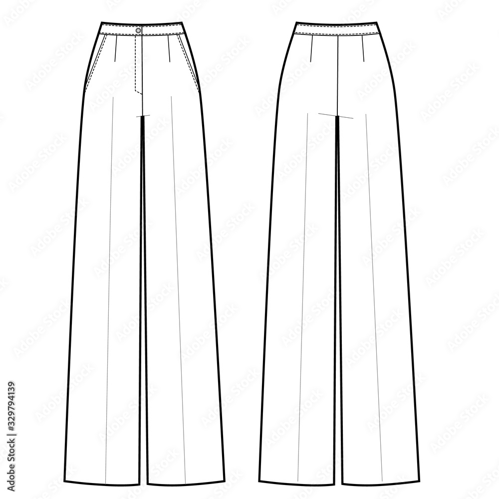 Vector illustration of women's wide classic pants. Front and back views ...