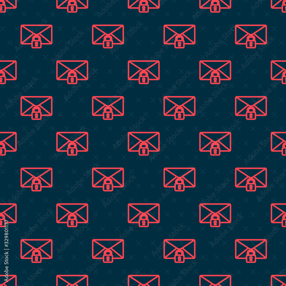 Red line Mail message lock password icon isolated seamless pattern on black background. Envelope ...
