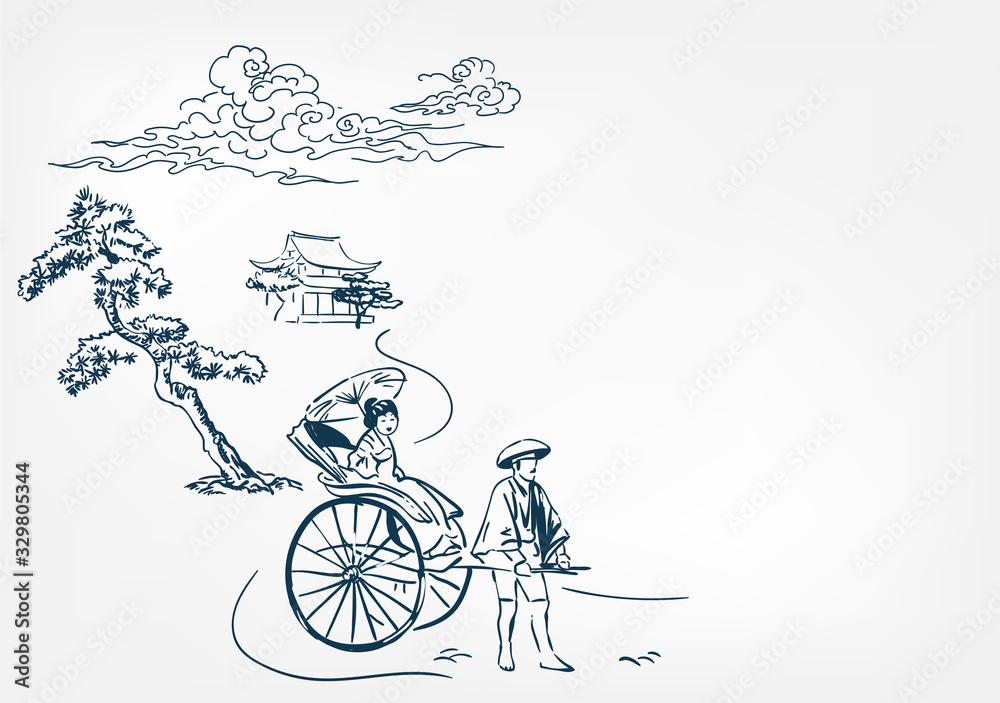 japanese rickshaw card chinese vector sketch design background hand ...