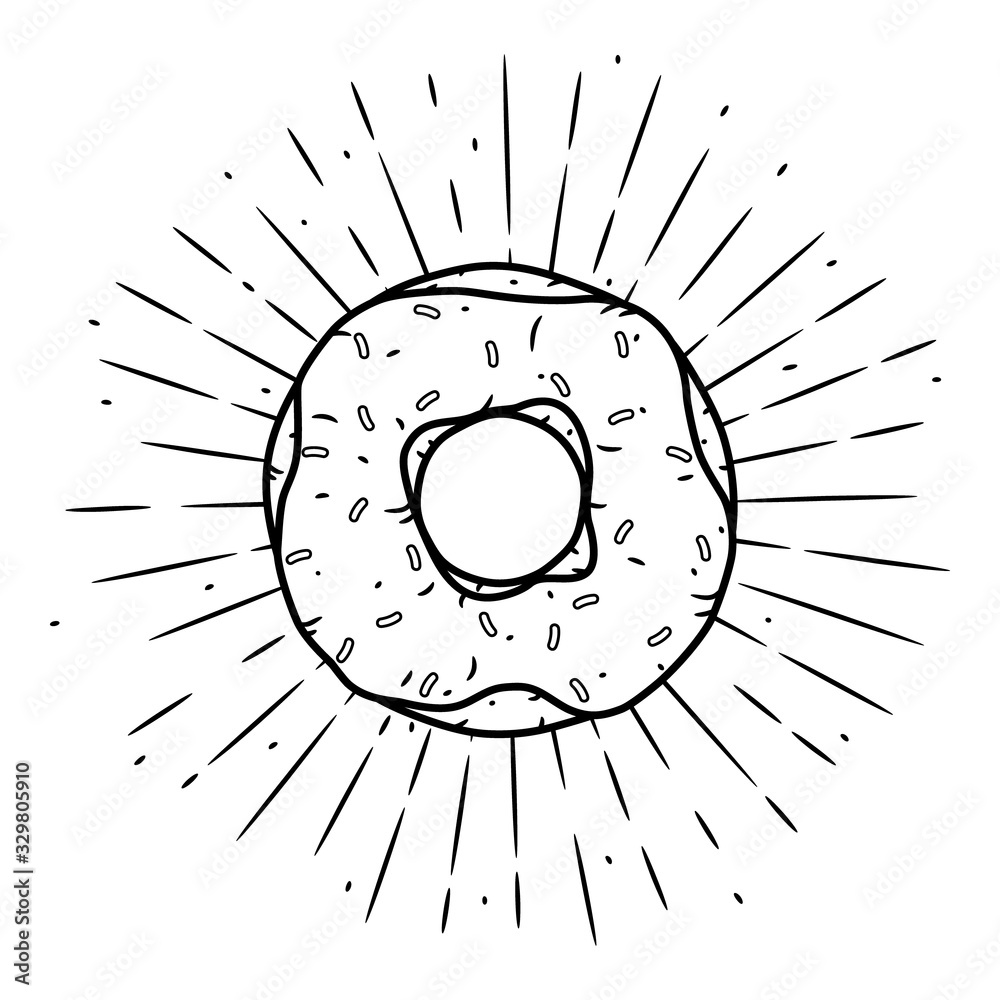 Donut. Hand drawn vector illustration with Donut and divergent rays ...