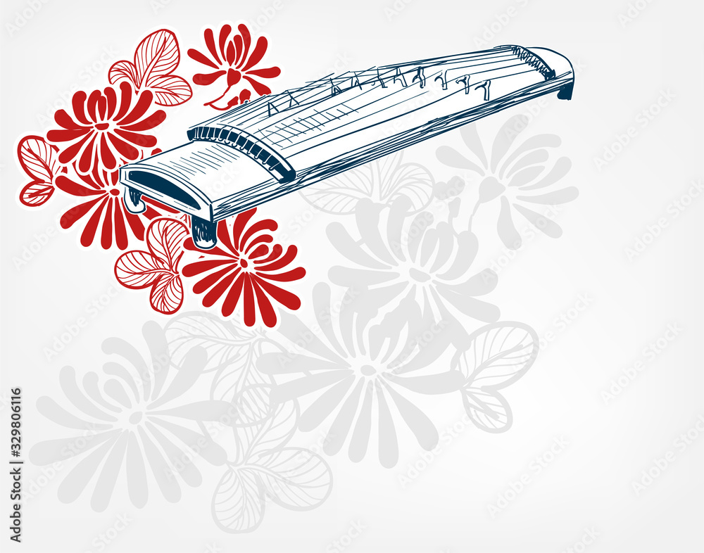 koto japanese vector sketch illustration engraved chinese musical ...