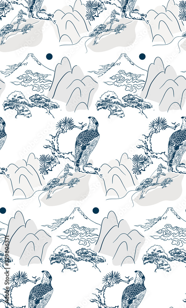 Fototapeta Złoty falcon hawk bird mountains view vector sketch ...