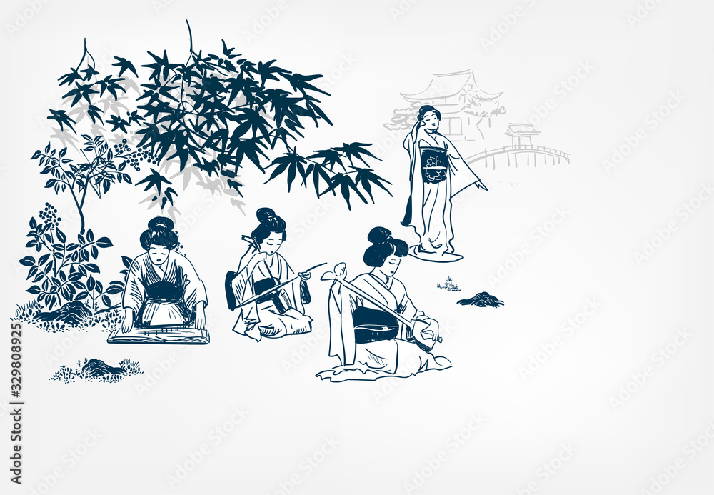 vector ink illustration sketch japanese chinese style line art design ...