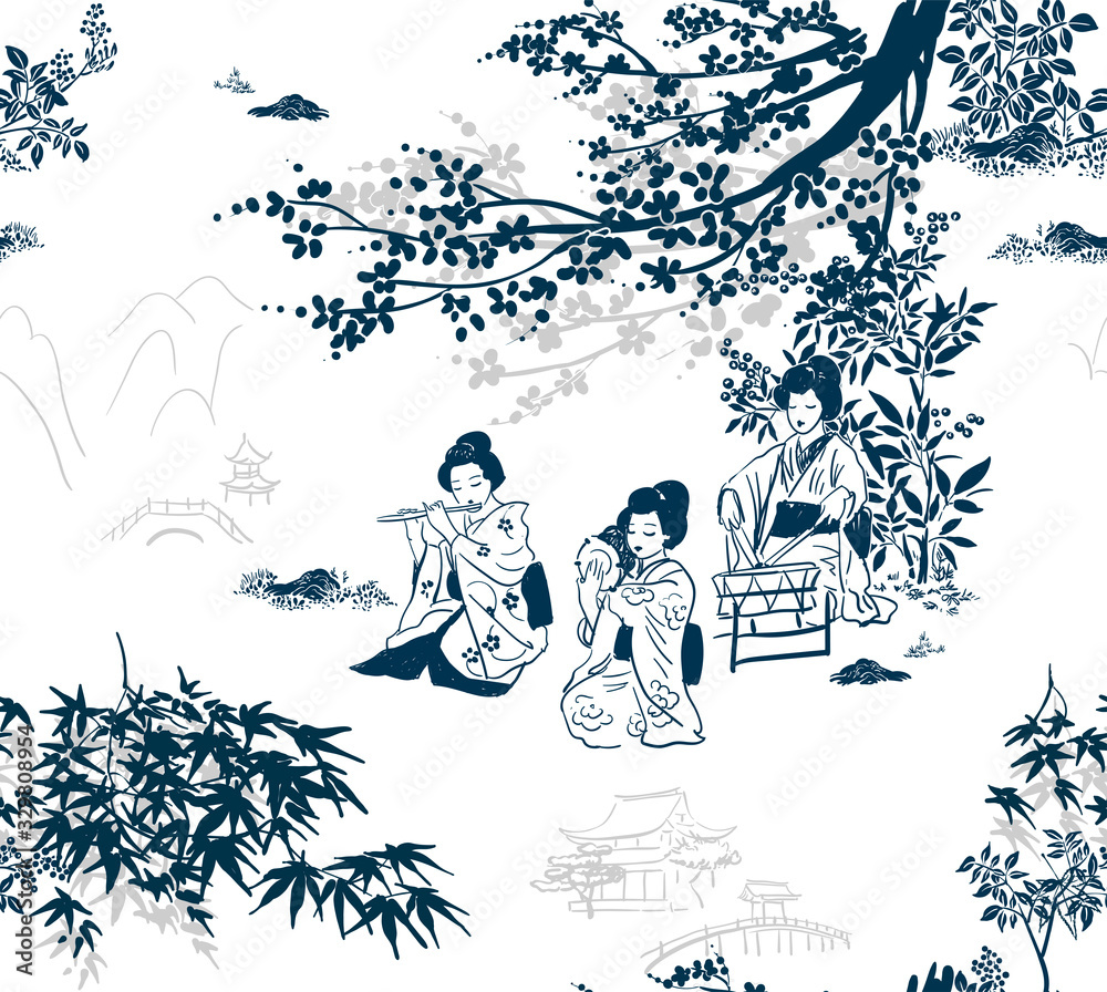 vector ink illustration sketch japanese chinese style line art design ...