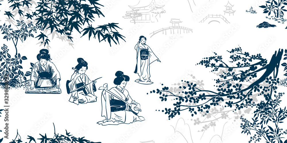 vector ink illustration sketch japanese chinese style line art design ...