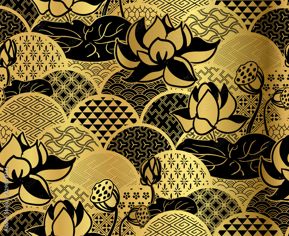 lily water lotus vector japanese chinese seamless pattern design gold ...