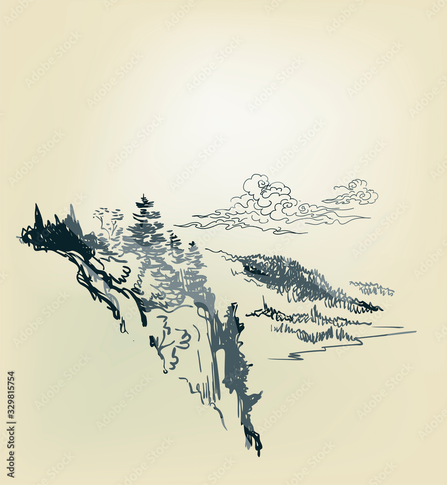 mountains nature landscape view vector sketch illustration japanese ...