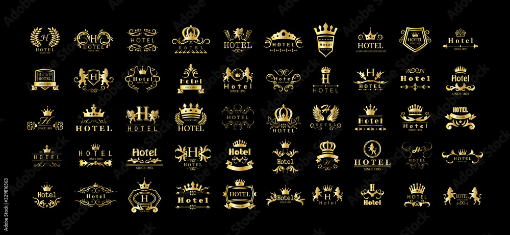 Golden Hotel Luxury Logo Set - Isolated On Black Background, Vector ...