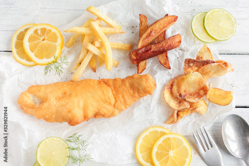 Backfisch Fish and Chips Pommes Frites Top View Overhead Stock Photo ...