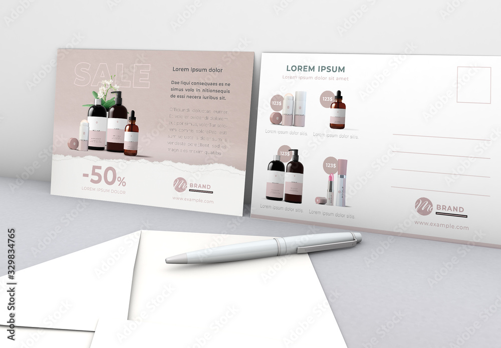 Pink and White Postcard Layout with Cosmetics Illustrations Stock ...