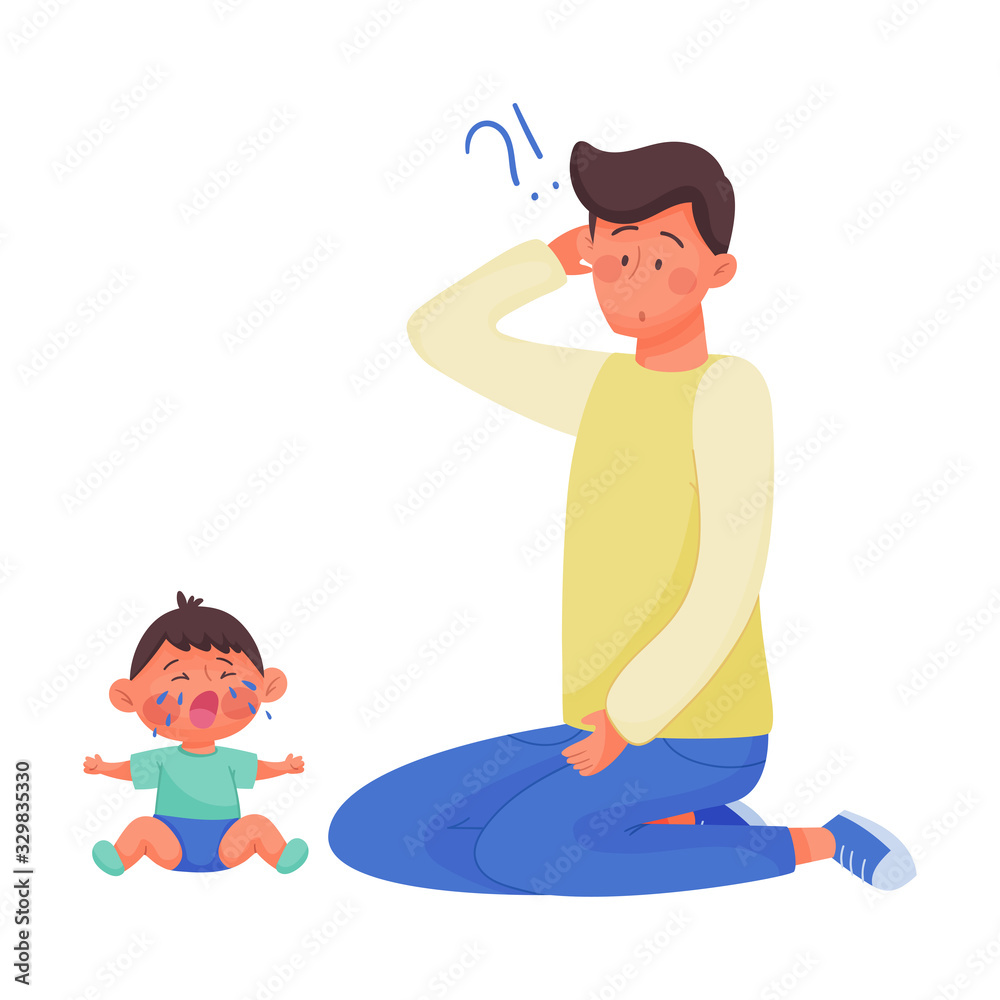 Young Dad Sitting and Wondering Why His Baby Crying Vector Illustration ...