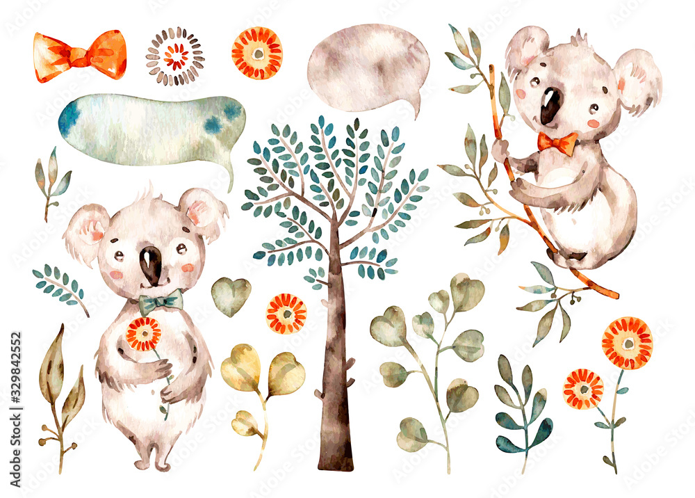 Baby cute koala. Watercolor nursery cartoon australian animals ...