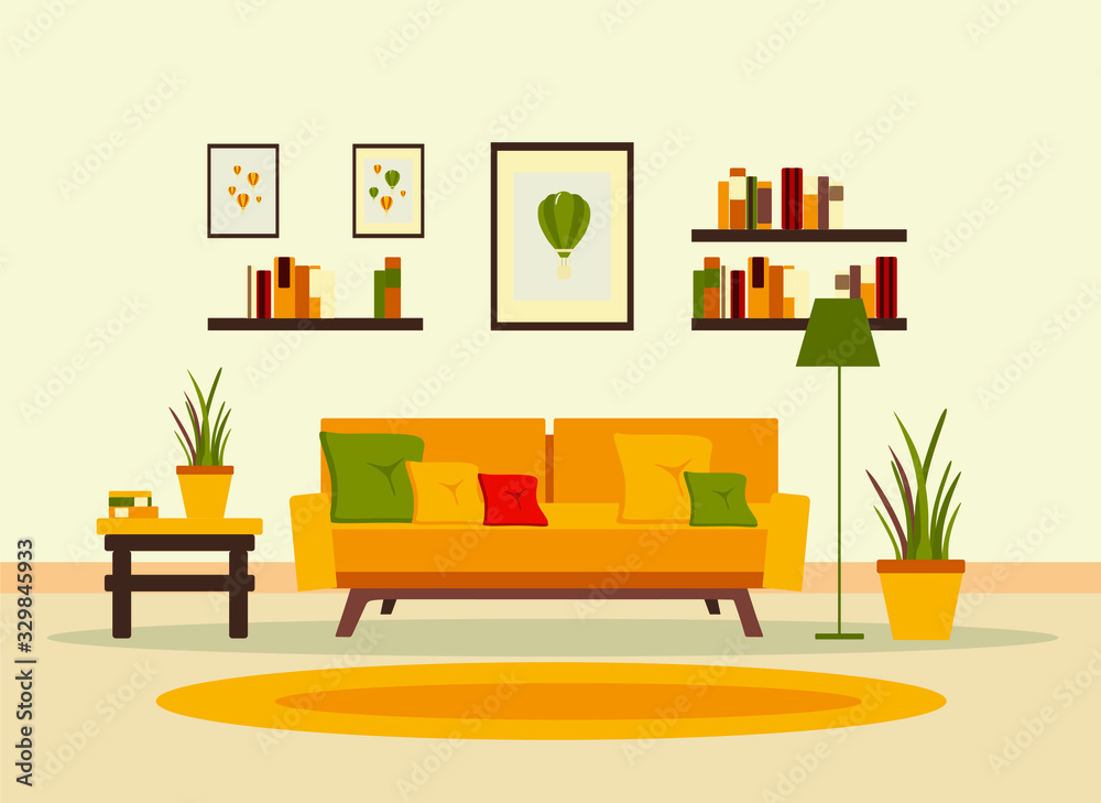living room interior with furniture, table, shelves with books and home ...