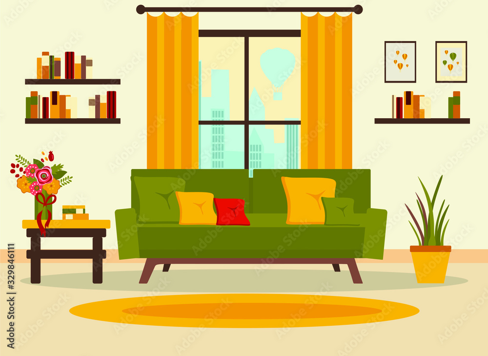 living room interior with furniture, table, window, shelves with books ...