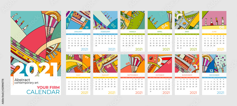 2021 calendar abstract contemporary art vector set. Desk, screen ...