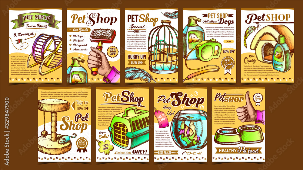 Pet Shop Assortment Advertising Posters Vector. Aquarium And Birdcage ...
