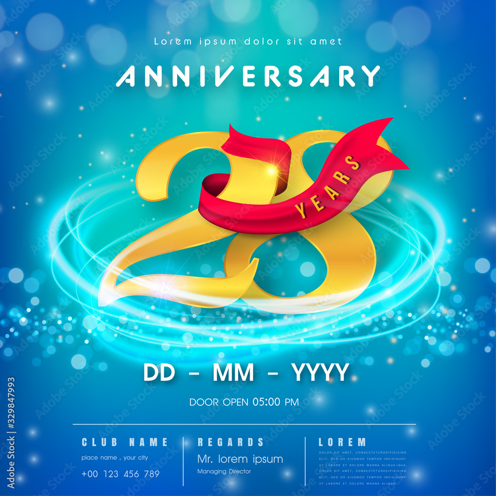 28 years anniversary logo template on blue Abstract futuristic space ...