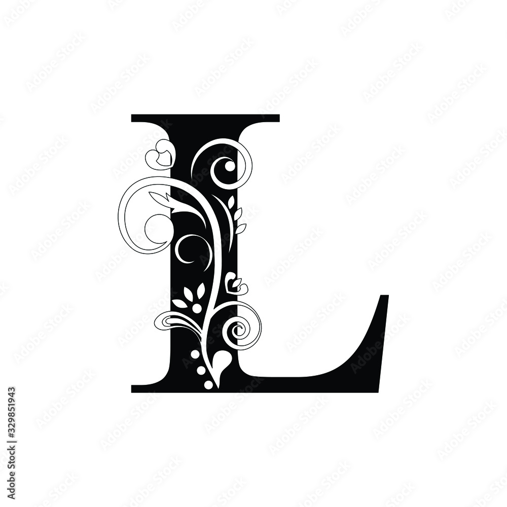 letter L. Black flower alphabet. Beautiful capital letters Stock Vector ...