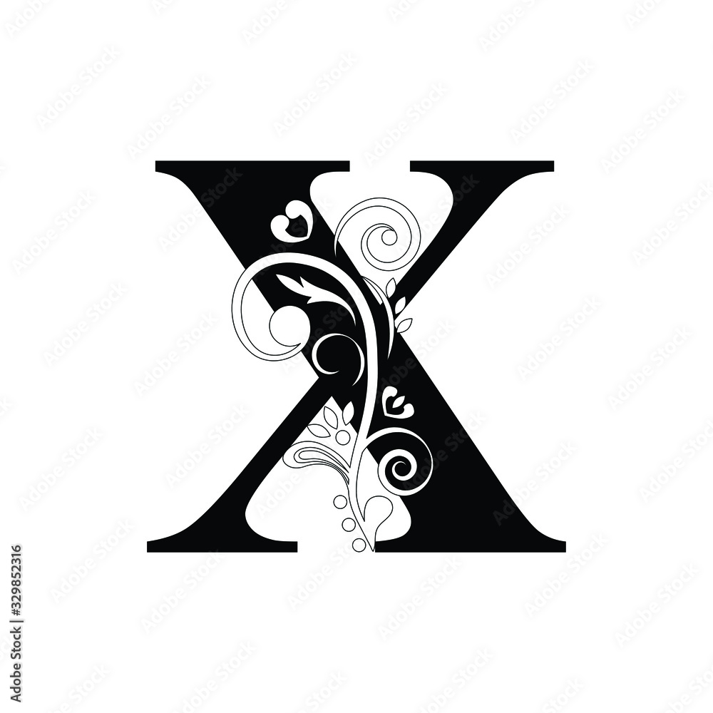 letter X. Black flower alphabet. Beautiful capital letters Stock Vector ...