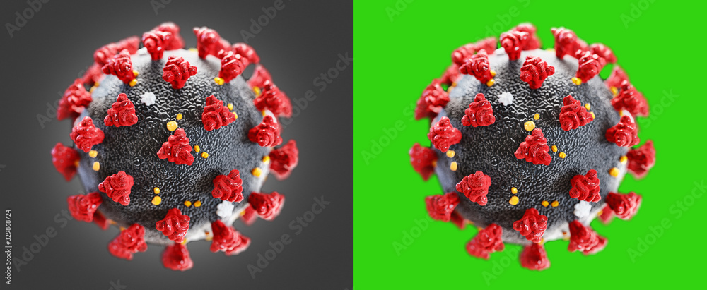 Coronavirus microscopic view with green screen. Floating influenza ...