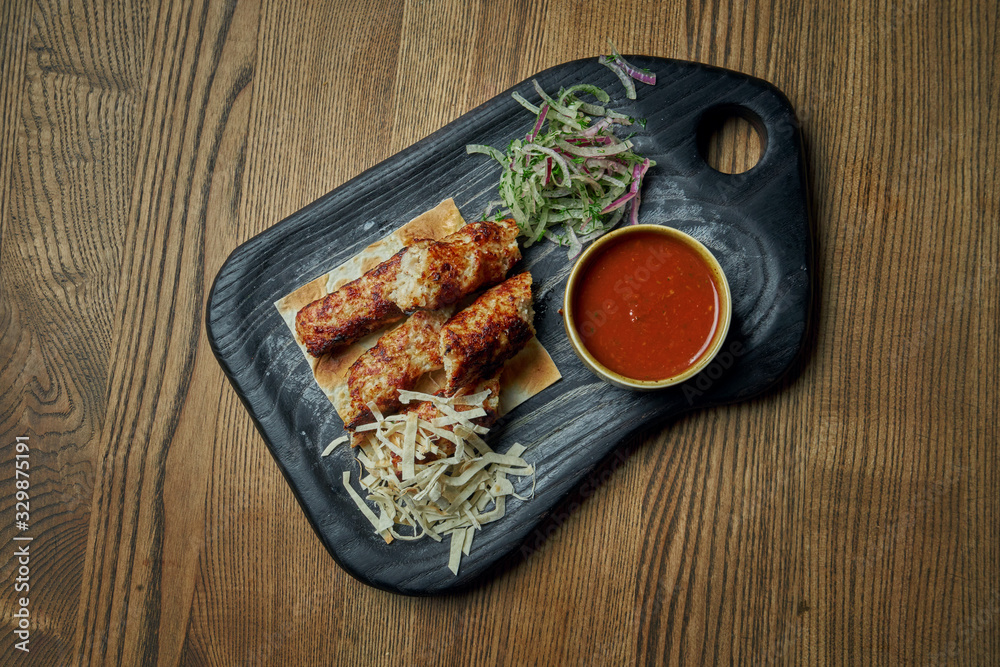 Appetizing rolls of Lyulya kebab - cooked over a lamb minced meat with ...