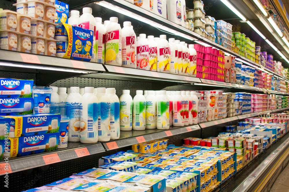 VALENCIA, SPAIN- JULY 04, 2015: Stall milk in Supermarket Mercadona is ...
