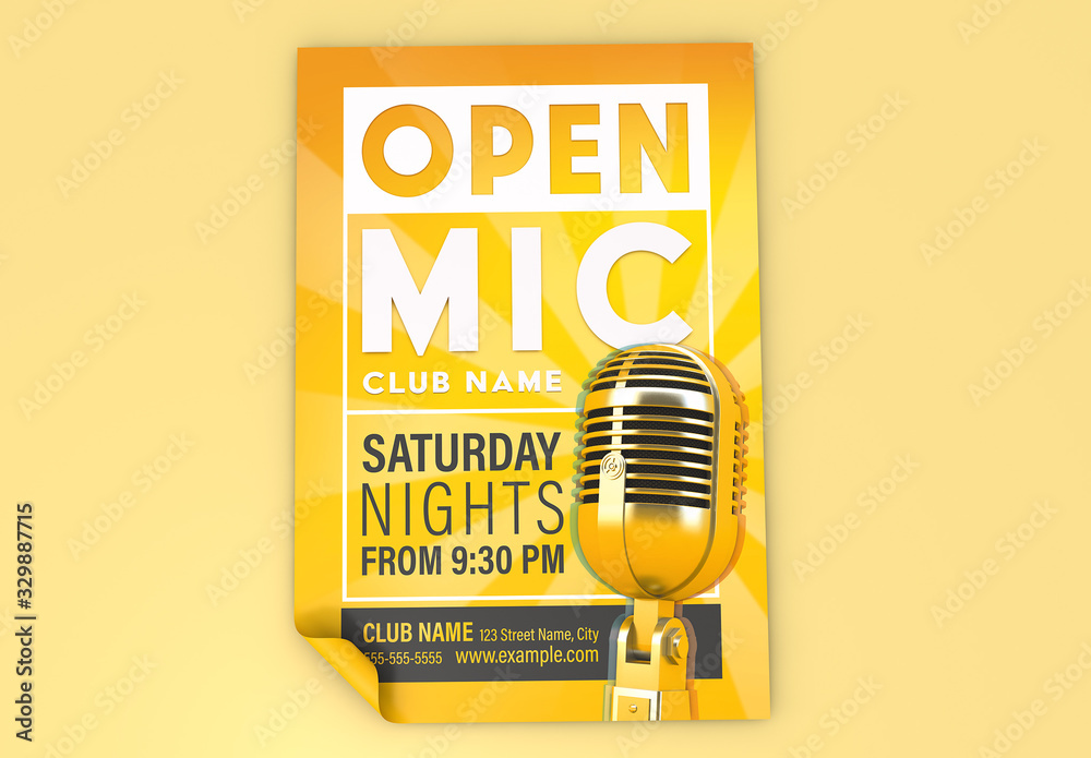 Yellow Event Poster Layout with Microphone Illustration Stock Template ...