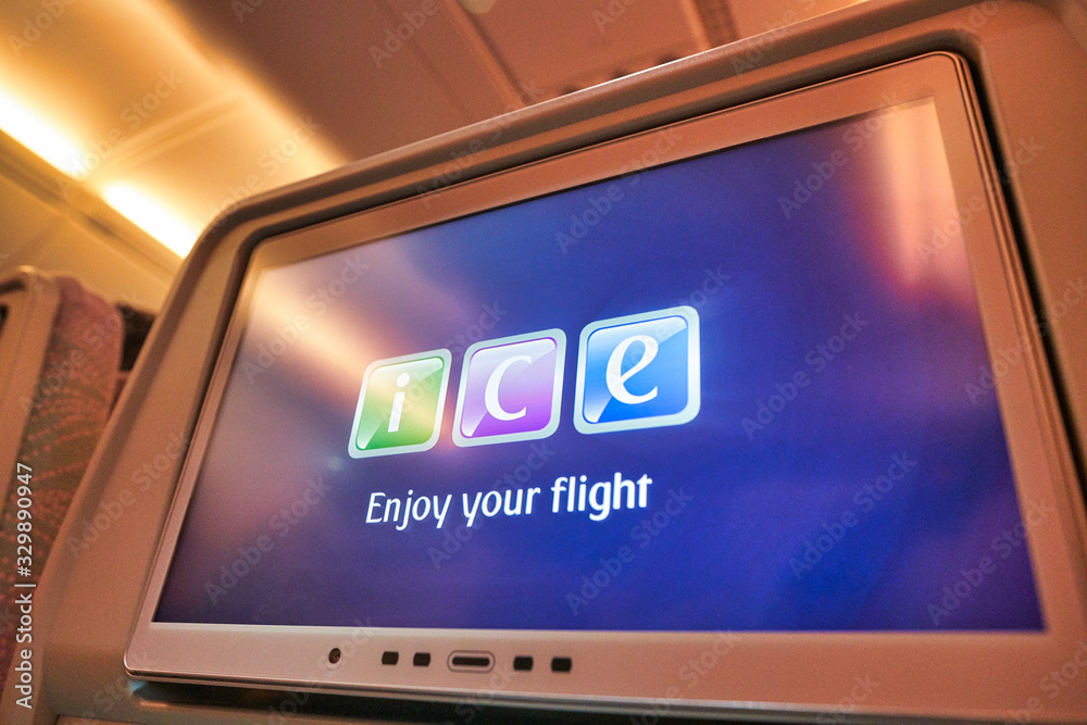 DUBAI, UAE - CIRCA JANUARY 2019: close up shot of a seat-back screen ...