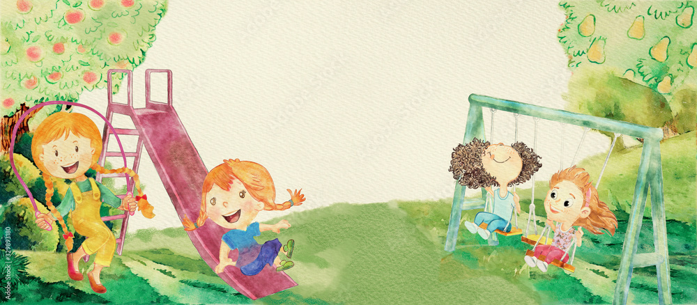 Happy children playing. Watercolor. Stock Illustration | Adobe Stock