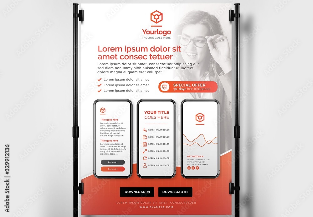 Bright Red and White Poster Layout with Smartphone Illustrations Stock ...