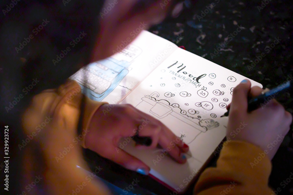 Over-the-shoulder closeup of a journal page and young teen girl writing ...