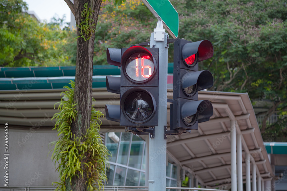 Pedestrian crossing traffic signal with timer and traffic lights at the ...