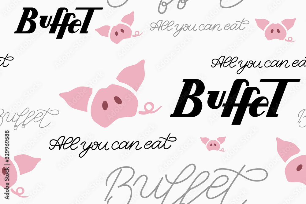 Vetor de Black and grey Buffet handwritten lettering seamless pattern ...