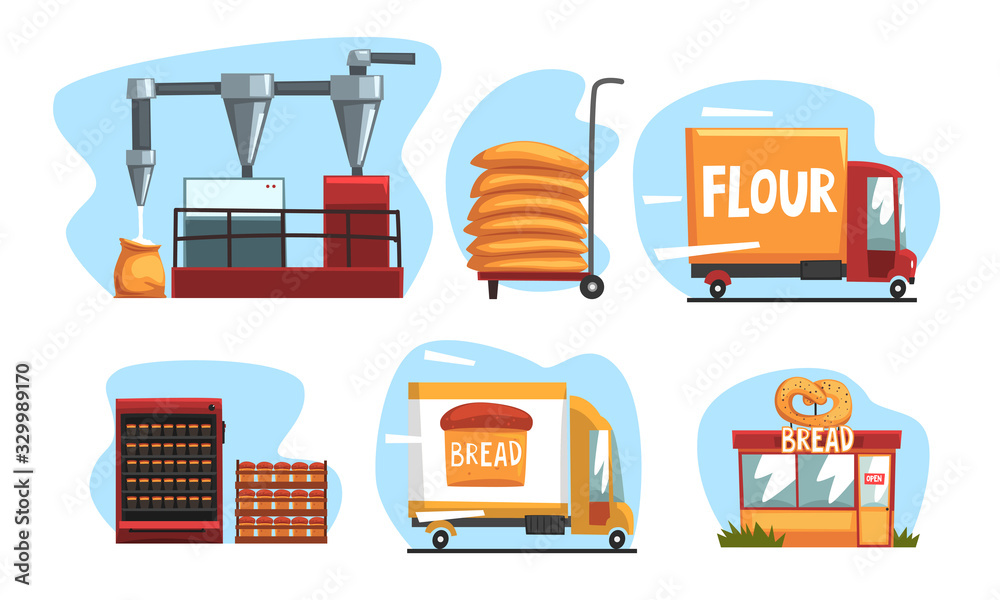 Production of Bread Set, Industrial Wheat Processing Vector ...