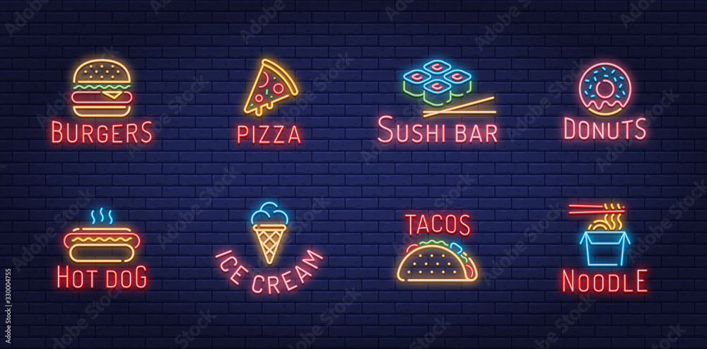 Neon Street Fast Food Logo Set Stock Vector | Adobe Stock