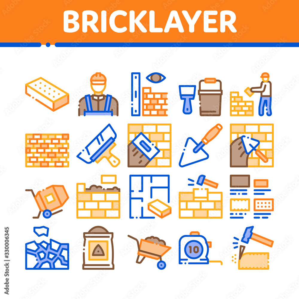 Bricklayer Industry Collection Icons Set Vector. Professional ...