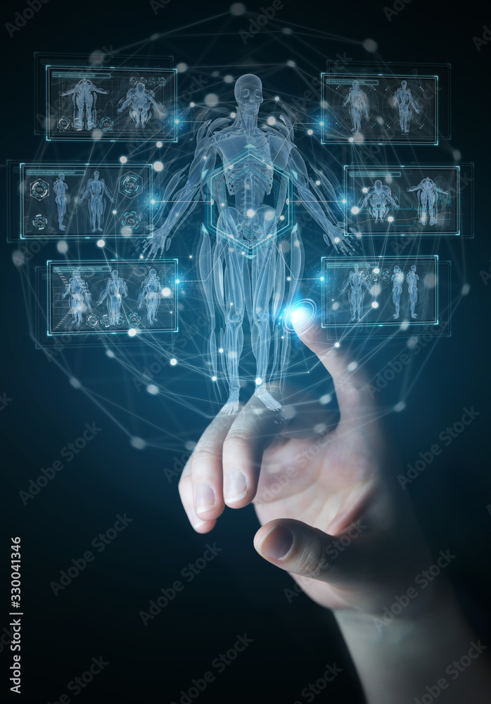 Man hand using digital x-ray human body holographic scan projection 3D rendering Stock Photo ...