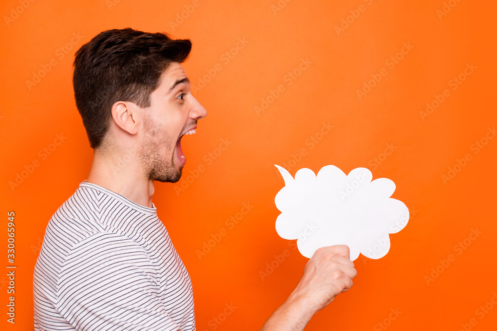 Profile photo of funny crazy guy raise arm with empty paper mind cloud ...
