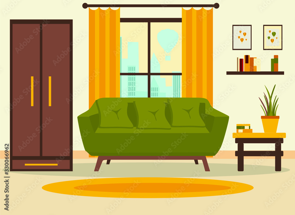 living room interior with furniture, table, window, shelves with books ...