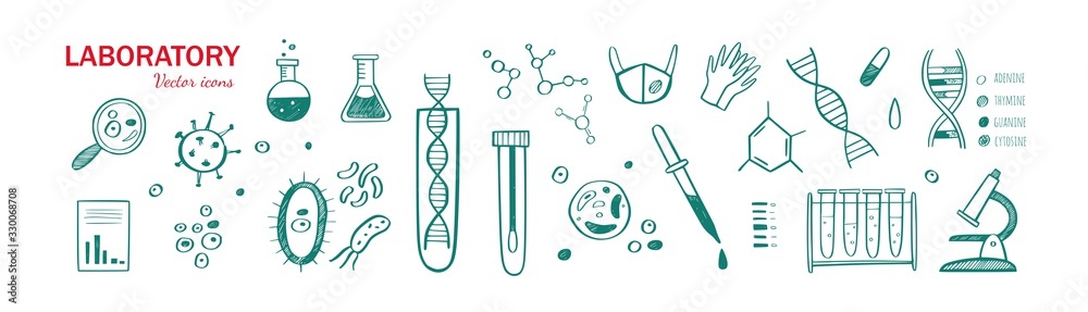 Medical Laboratory research vector hand drawn icons set. Different ...