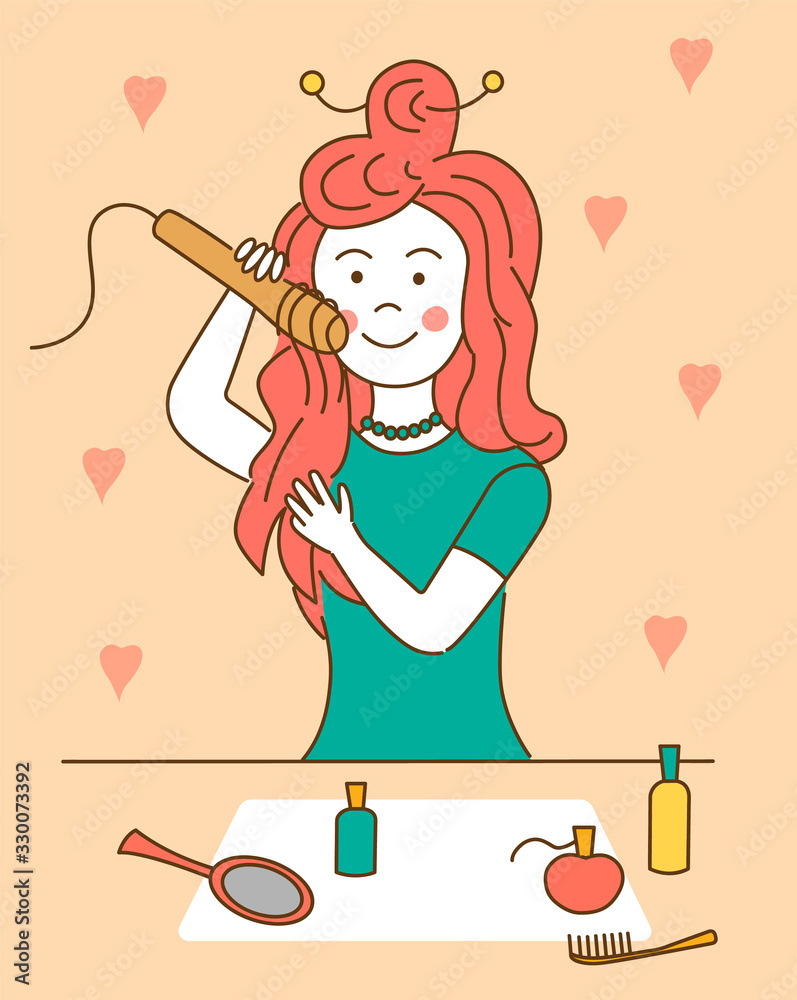Cute cartoon girl brushing hair Stock Vector | Adobe Stock