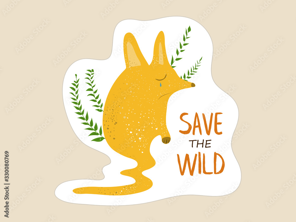 Little fox with a tear begging for saving the wild life. Ecology poster ...