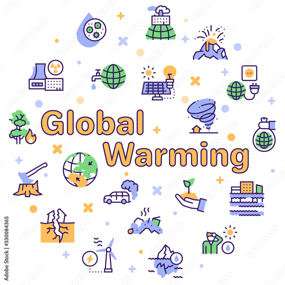 Climate change and global warming color linear icon set. Natural ...