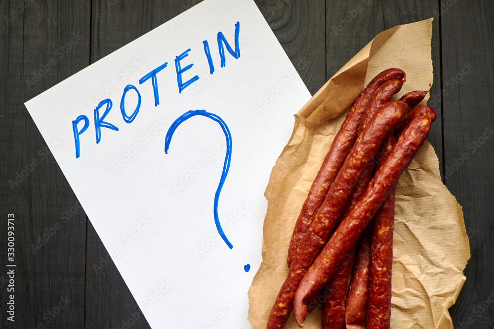 Protein and question mark and different sausages and sausages ...
