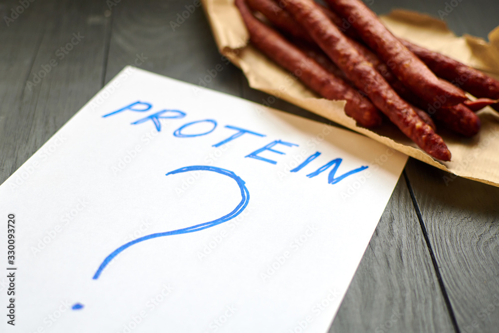Protein and question mark and different sausages and sausages ...