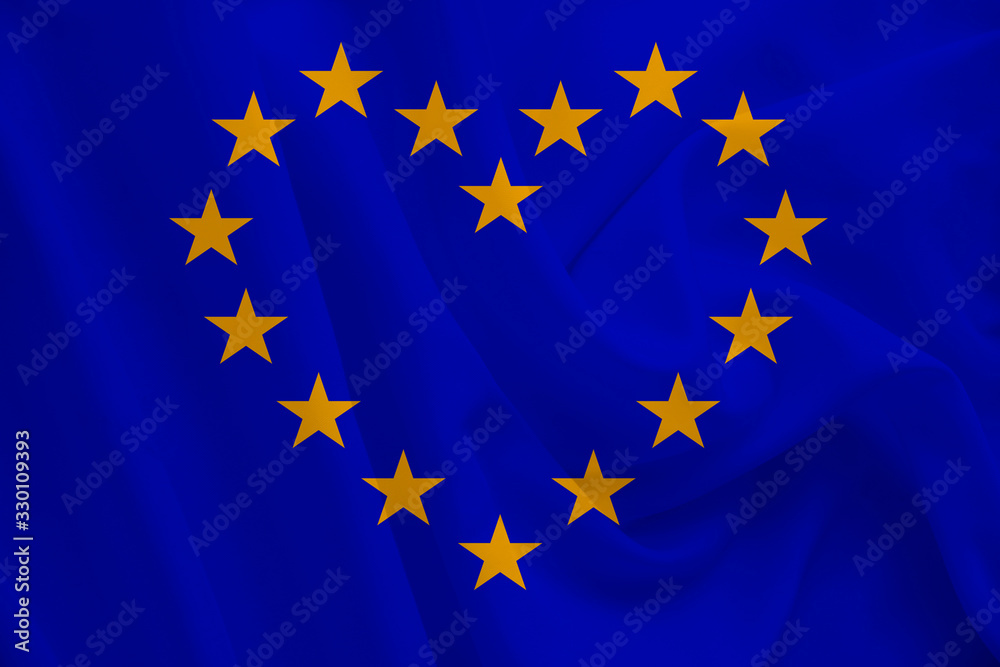 stylized European Union flag, symbol of united Europe on soft silk with ...
