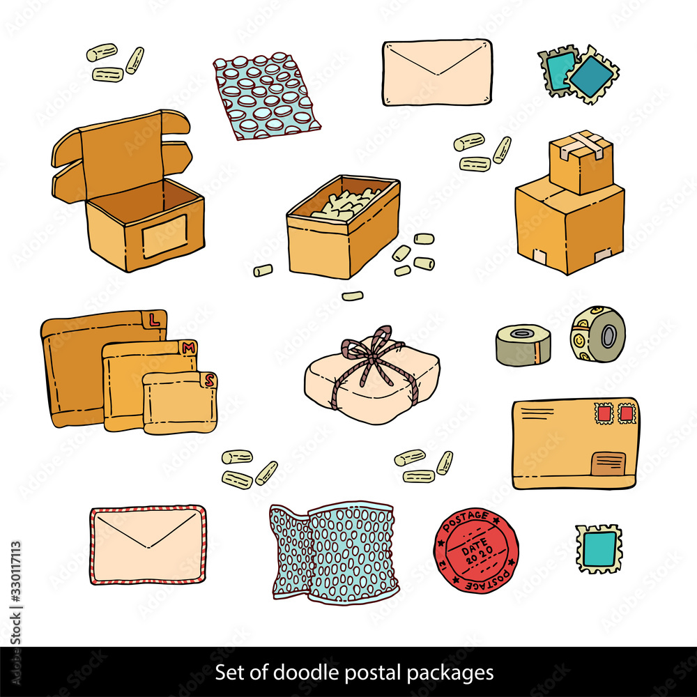 Vector illustration in doodle style. Set with boxes, envelopes and ...